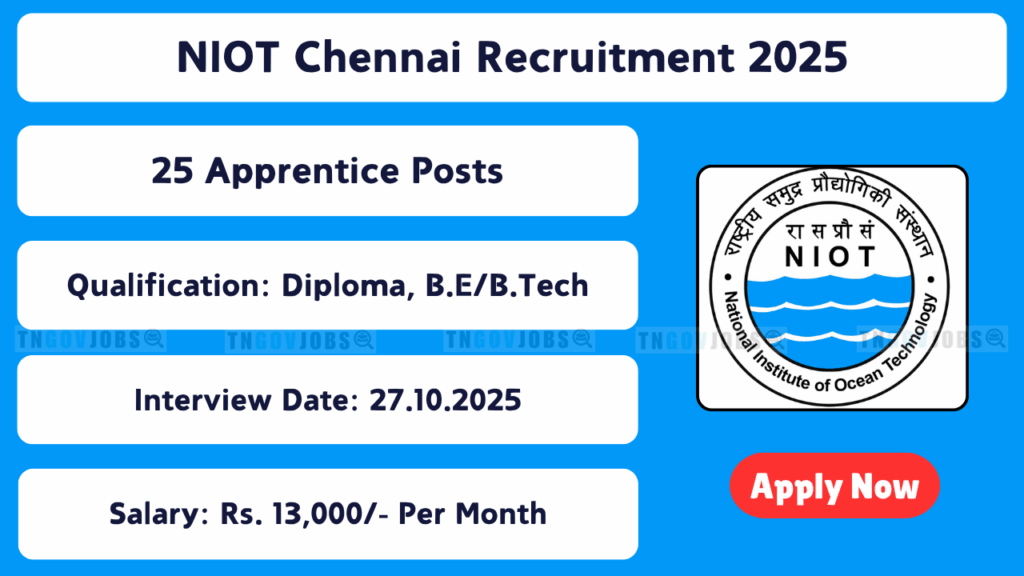 NIOT Chennai Recruitment 2025: 25 Apprentice Posts; Apply Now!