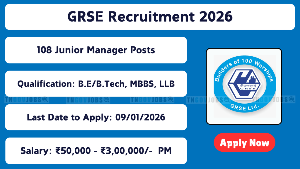GRSE Recruitment 2026: 108 Junior Manager Posts; Apply Now!